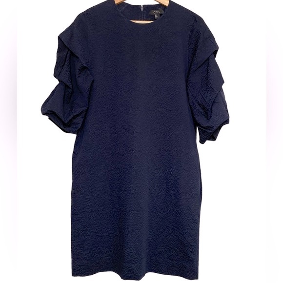 COS | Dresses | Cos Navy Rouged Sleeve Seersucker Shift Dress | Poshmark